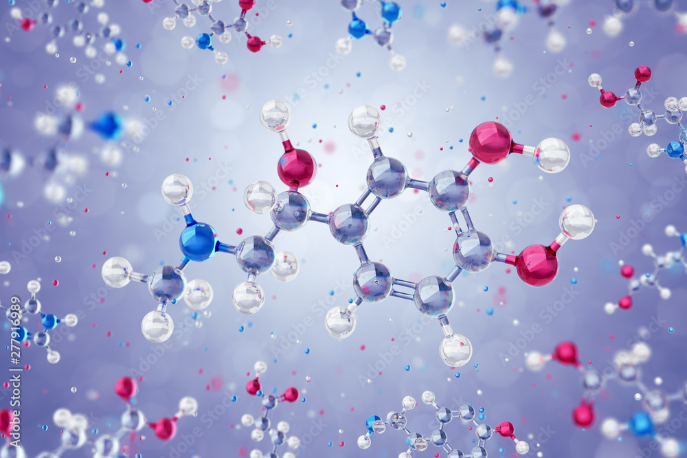 Molecule Of Adrenaline. 3D model of an epinephrine neurotransmitter ...