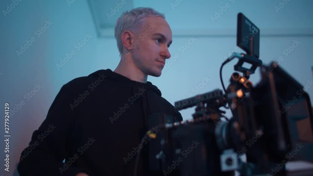 Professional movie camera. Backstage cinema production. Filming and ...