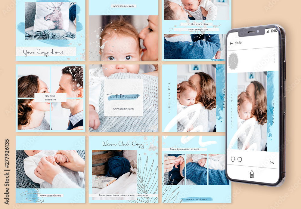Social Media Posts Layout with Silver Accents Stock Template | Adobe Stock