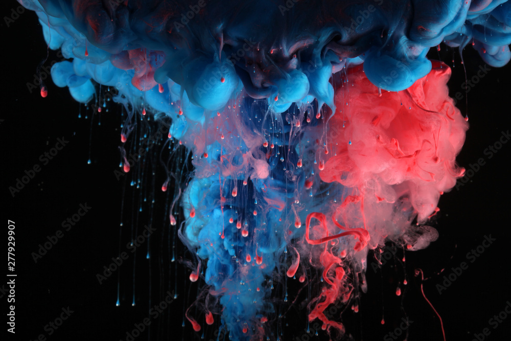 Acrylic blue and red colors in water. Ink blot. Abstract black ...