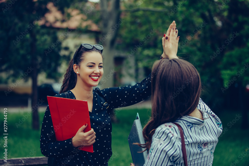 Two happy female students are giving high five after successfully ...