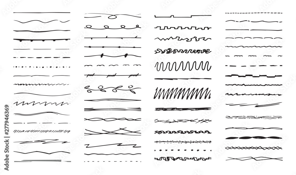 Hand drawn lines. Ink pen drawn line, underlining brush and pencil ...