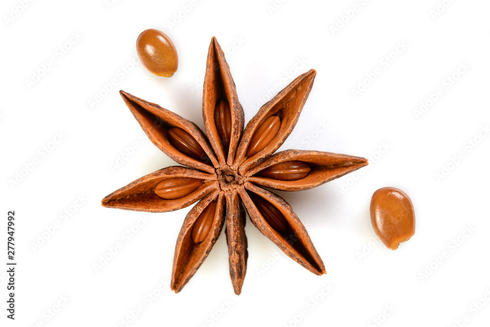 Star anise. Single star anise fruit with two seeds. Macro close up ...