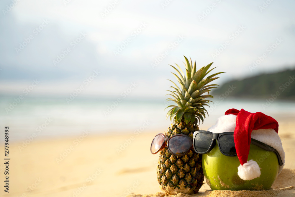 Coconut Holiday with glasses and Santa Claus hat and pineapple,Concept ...