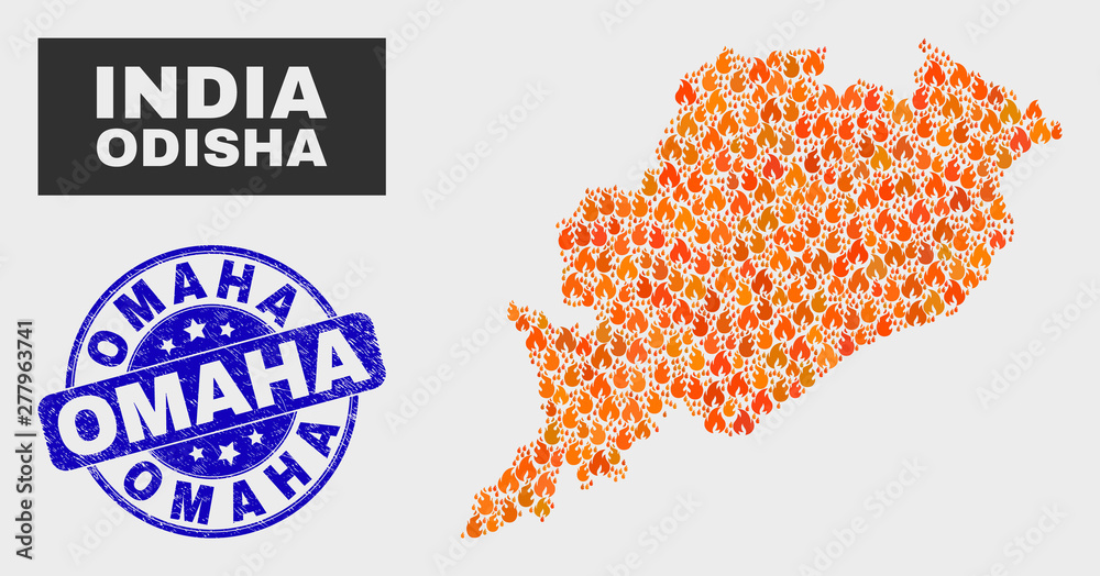 Vector composition of fire Odisha State map and blue rounded distress ...