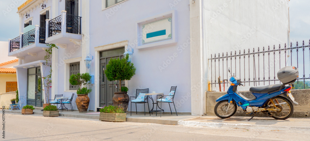 Hotel, resort waiting for visitors, customers, clients. Cafe exterior ...