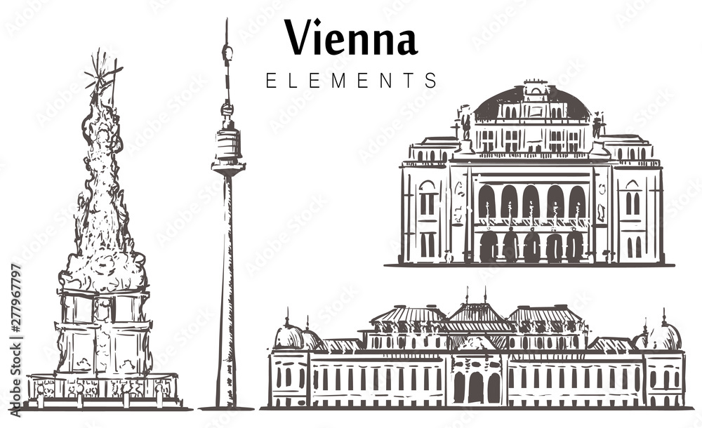 Set of hand-drawn Vienna buildings, Vienna elements sketch vector ...