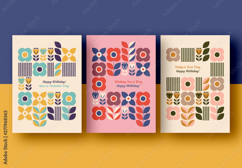 Retro Graphic Floral Birthday Card Layout Set Stock Template | Adobe Stock