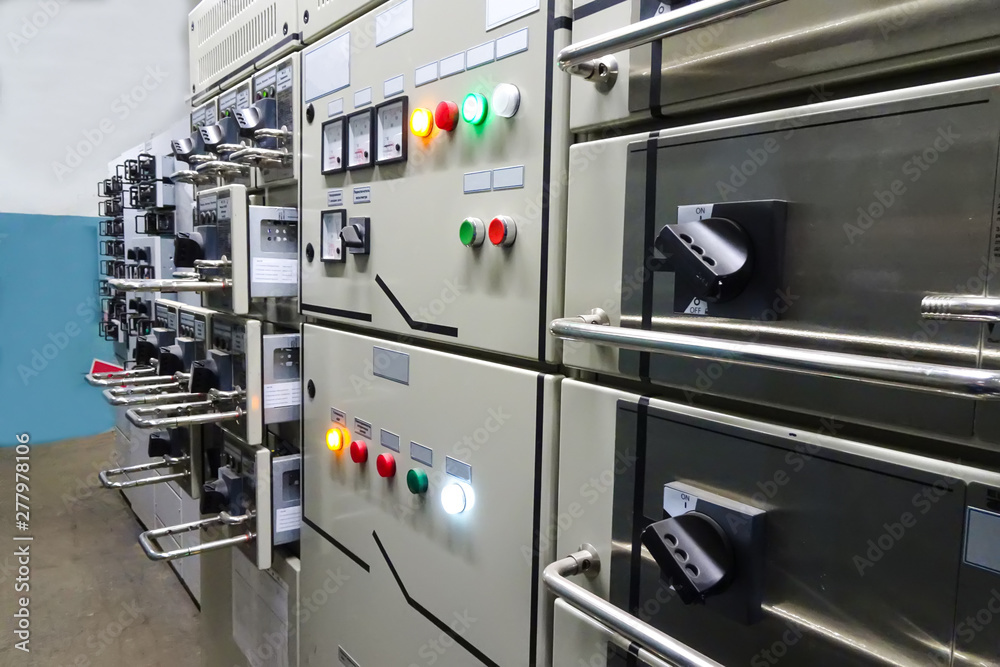 Transformer substation. Control panels, switches, signaling lamps ...