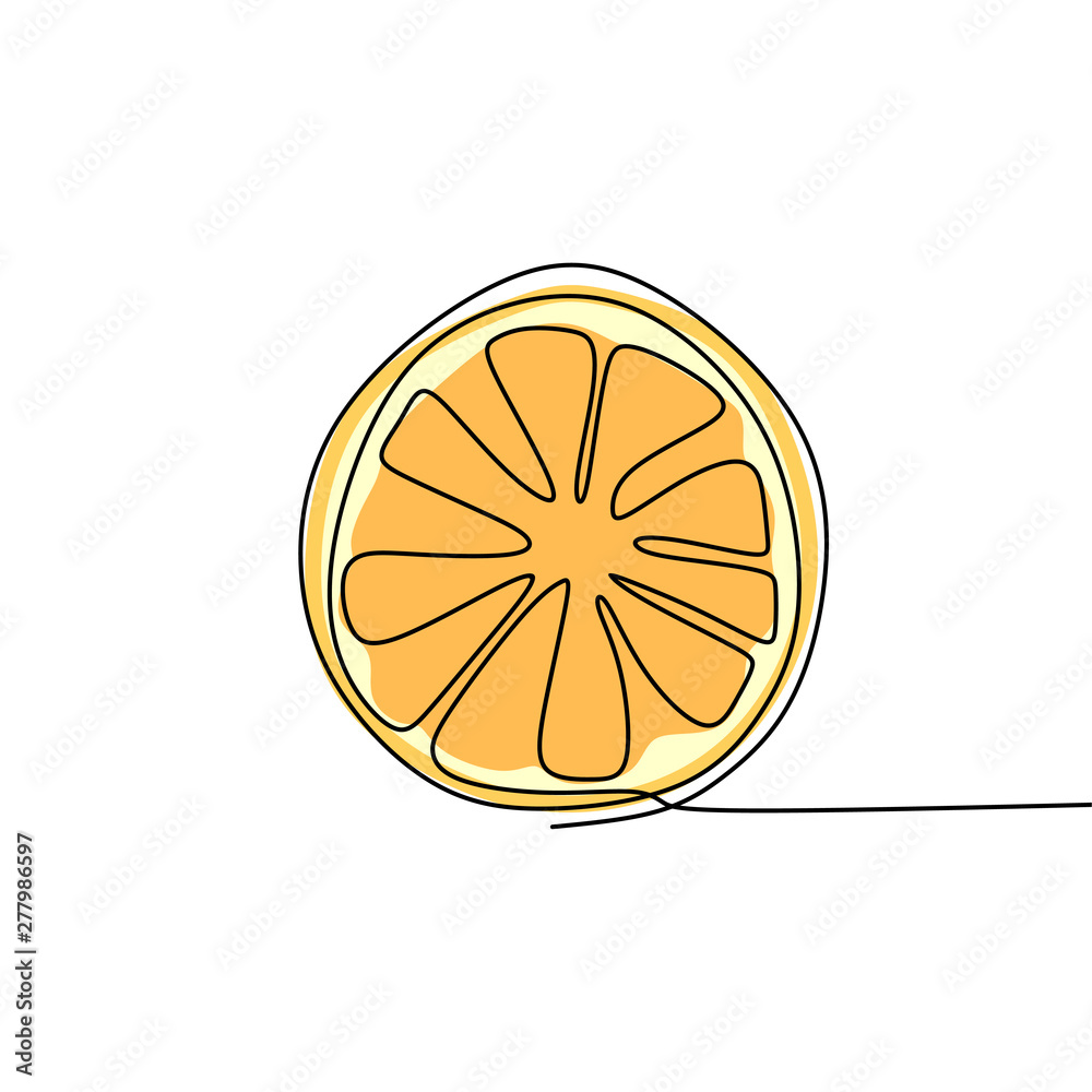 continuous line art drawing of orange fruit with color, vector lemon isolated on white ...