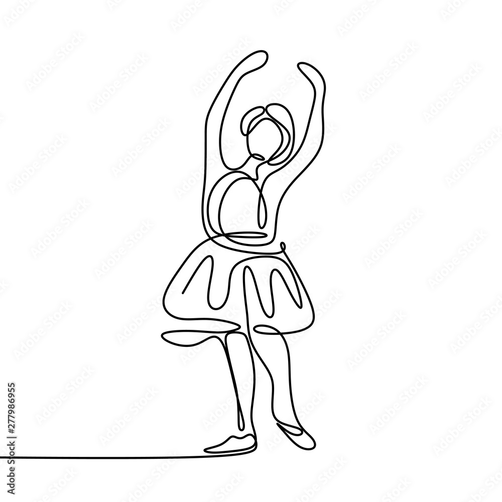 One line art, Drawing of a young girl dancing, wearing dress, vector ...