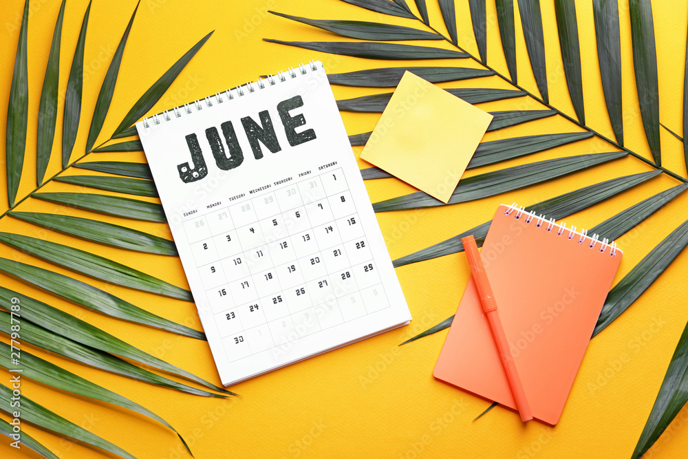 Flip paper calendar, notebook and tropical leaves on color background ...
