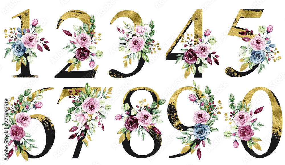 Number set with watercolor flowers roses and leaf. Gold and black ...