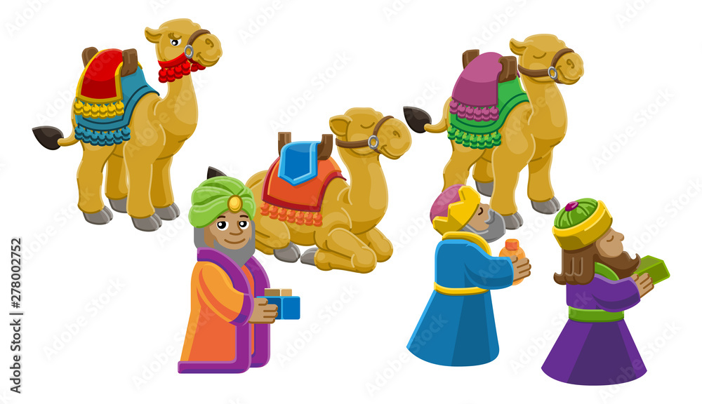 A Christmas nativity scene cartoon, with with three wise men or magi ...