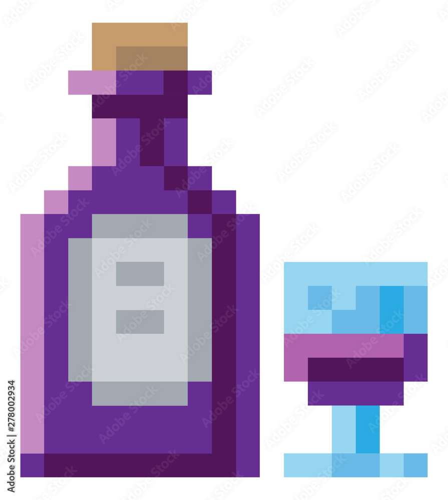 Wine bottle and glass 8 bit icon in a pixel 8 bit video game art style ...
