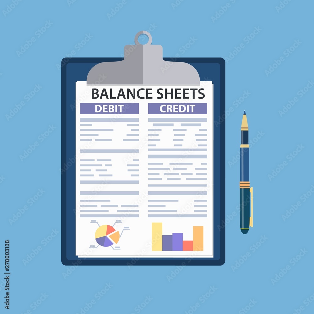 Clipboard with balance sheet and pen. Financial reports statement and ...