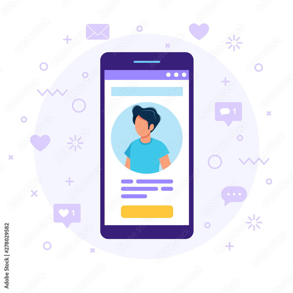 Social media profile. Smartphone with a man avatar, text and button ...