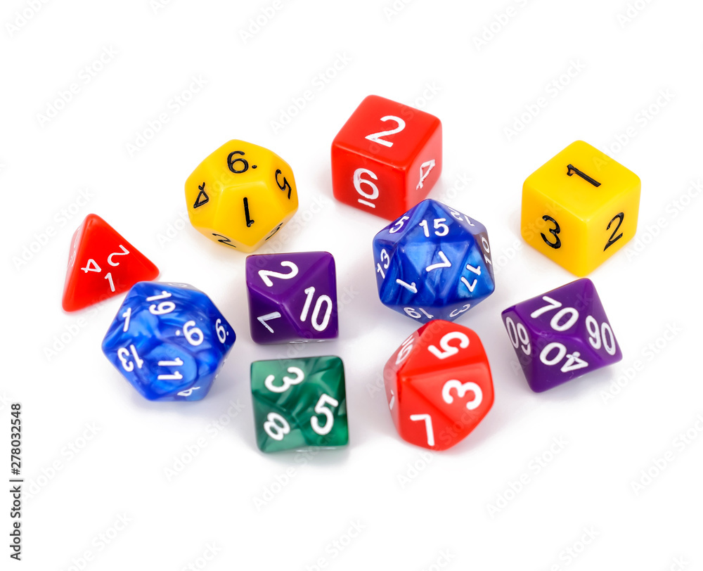 colorful multi sided role play game dice isolated white background ...