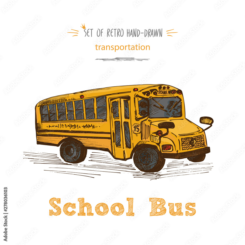 Hand drawn yellow school bus symbol isolated on white background. With ...
