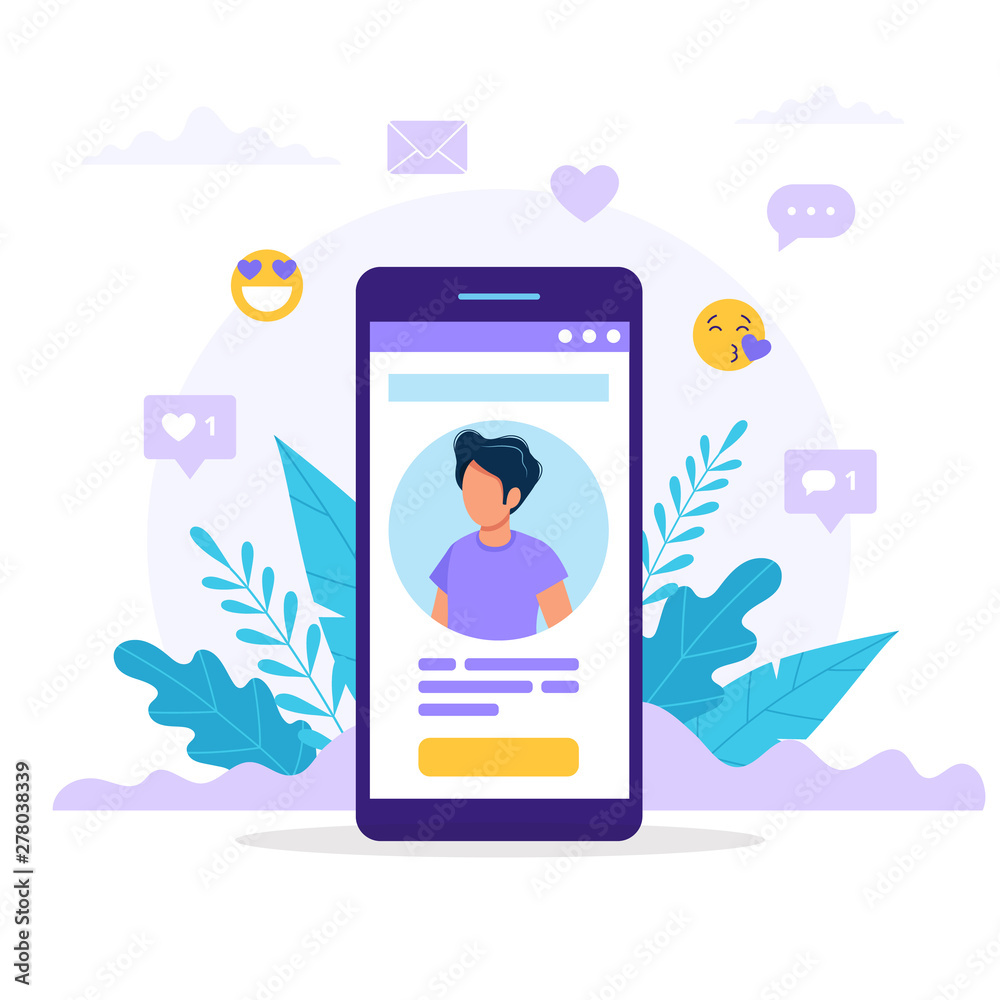 Social media profile. Smartphone with a man avatar, text and button ...