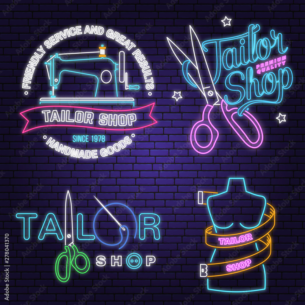 Tailor shop neon design or emblem. Vector. Night neon signboard ...