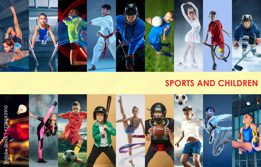 Creative collage made of photos of 17 caucasian models. Childrens in ...