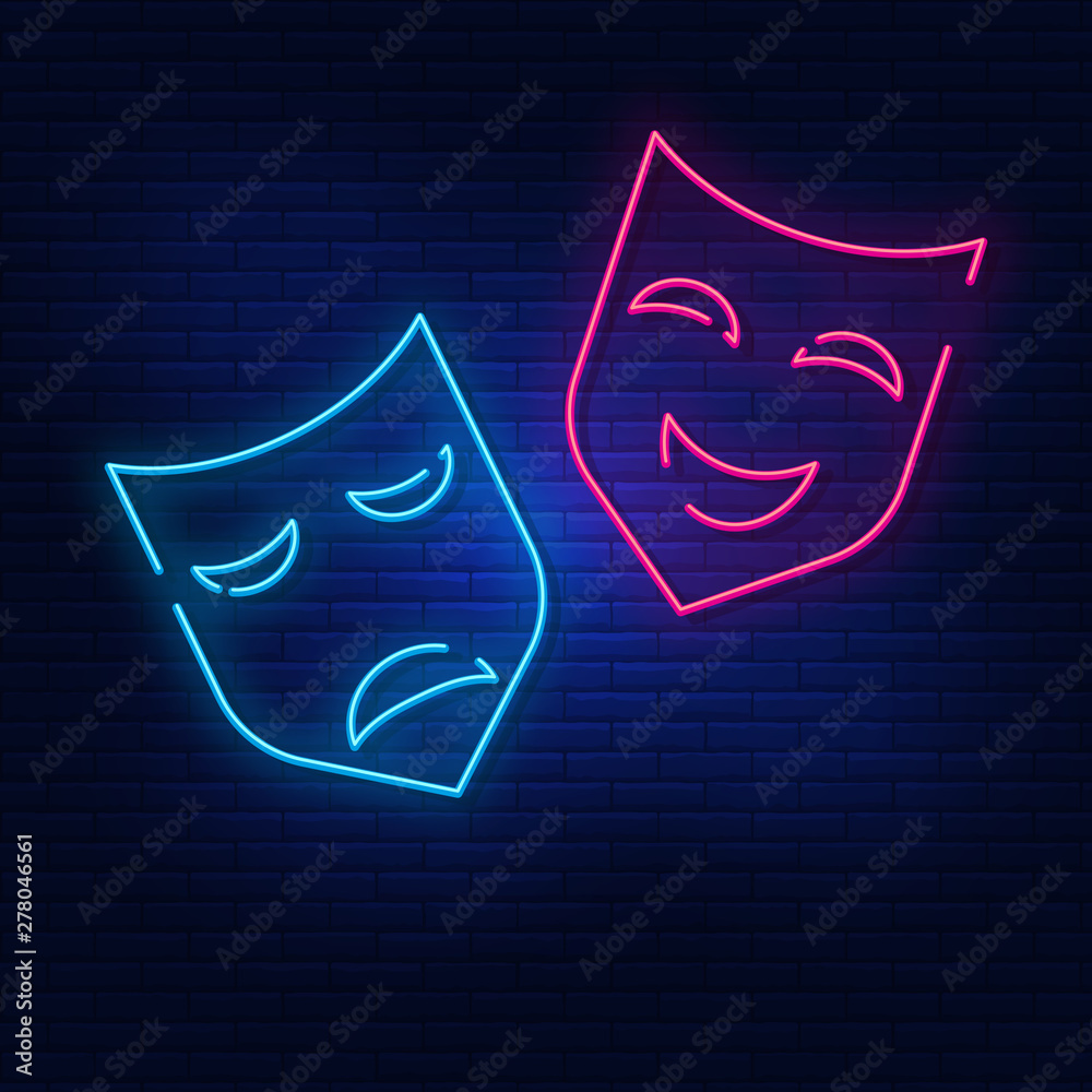 Neon lighting theatrical mask. Bright is the mask. Modern vector logo ...