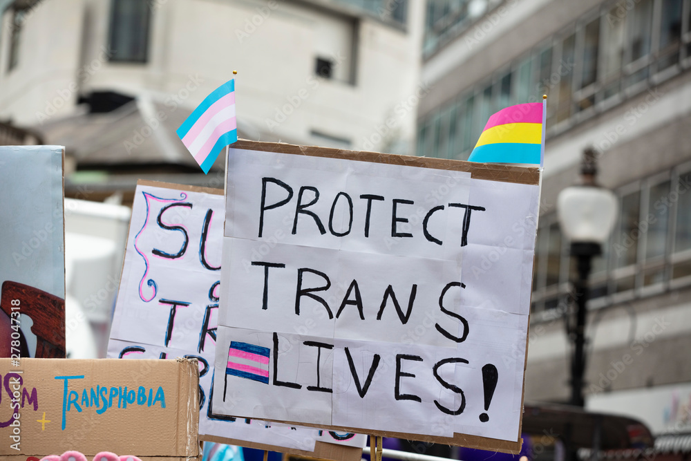 A person holding a sign reading protect trans lives banner Stock Photo ...