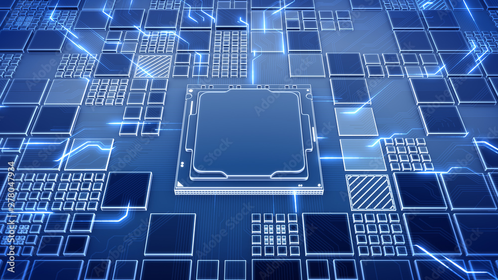 Abstract Motherboard circuit with CPU, microchips and animated electric ...