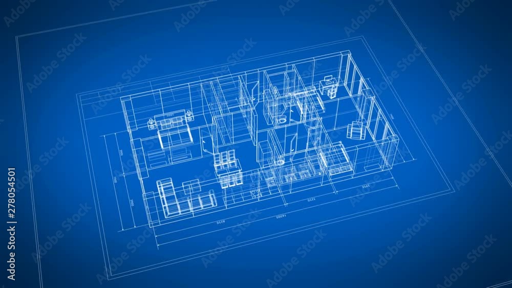 3d Blueprint of Abstract Apartments with Furniture Turning on Blue and ...