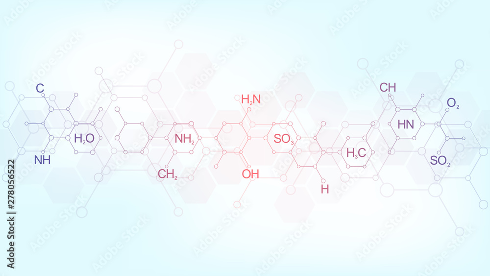 Abstract chemistry pattern on soft blue background with chemical ...