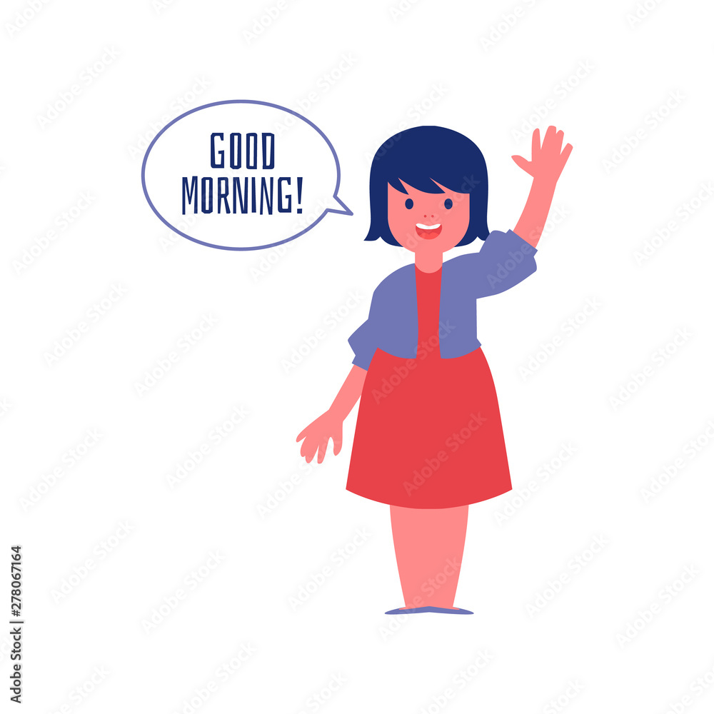 Polite girl saying Good morning flat cute vector illustration isolated ...