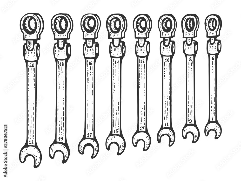 Wrench spanner set sketch engraving vector illustration. Scratch board ...