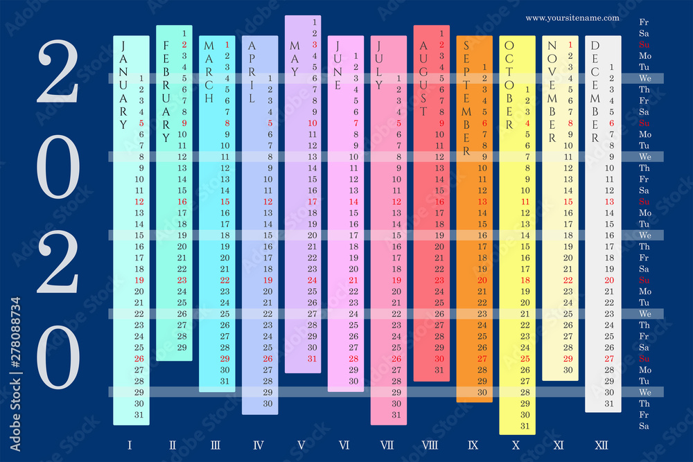 Colorful wall calendar 2020 with vertical months, days of the week ...