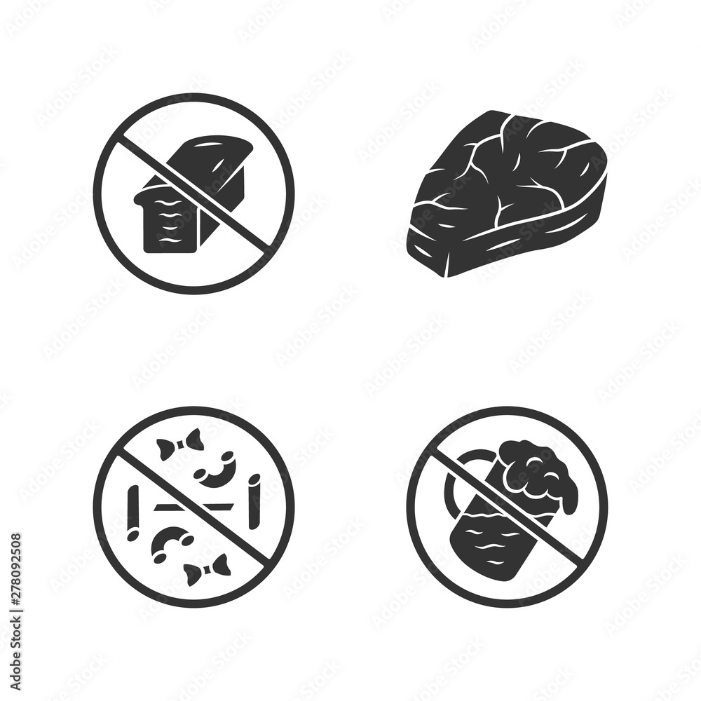 No gluten diet glyph icons set. Zero carbs, carnivore eating. Alcohol ...