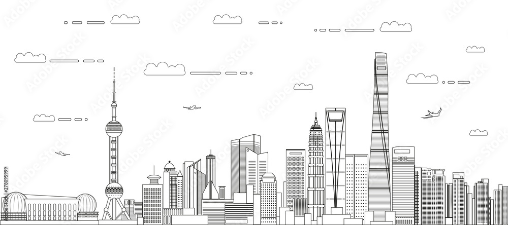 Shanghai cityscape line art style vector detailed illustration Stock ...