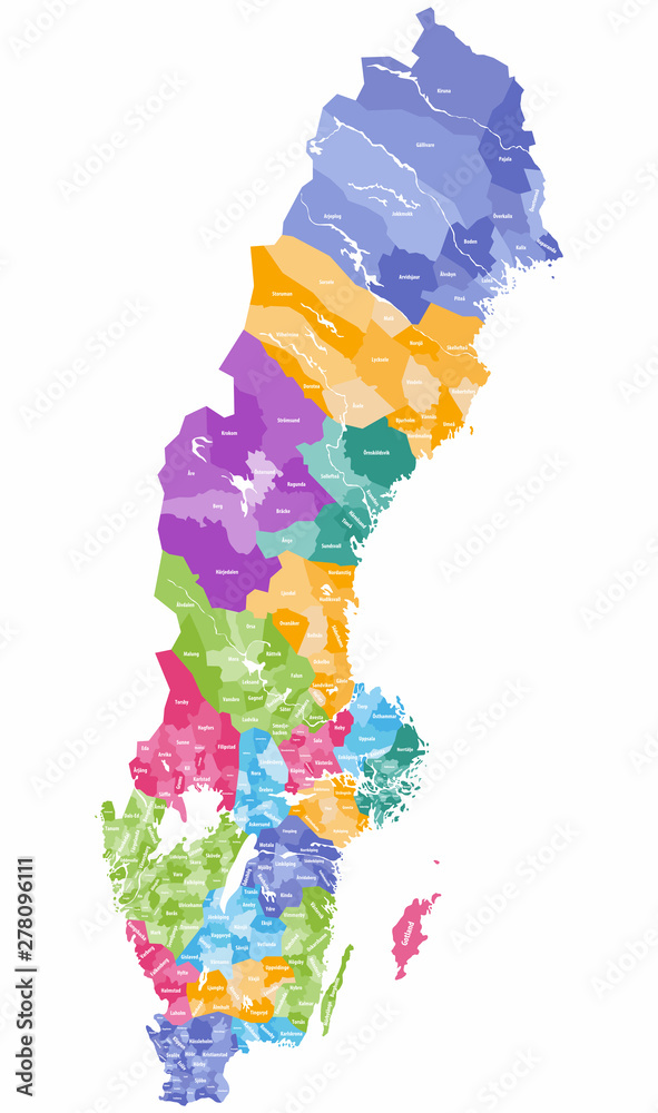 Poster vector colorful map of Sweden municipalities colored by counties ...