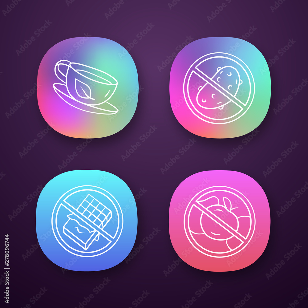 Low carbs and diabetic diet app icons set. No glucose and carbohydrate products. UI/UX user ...