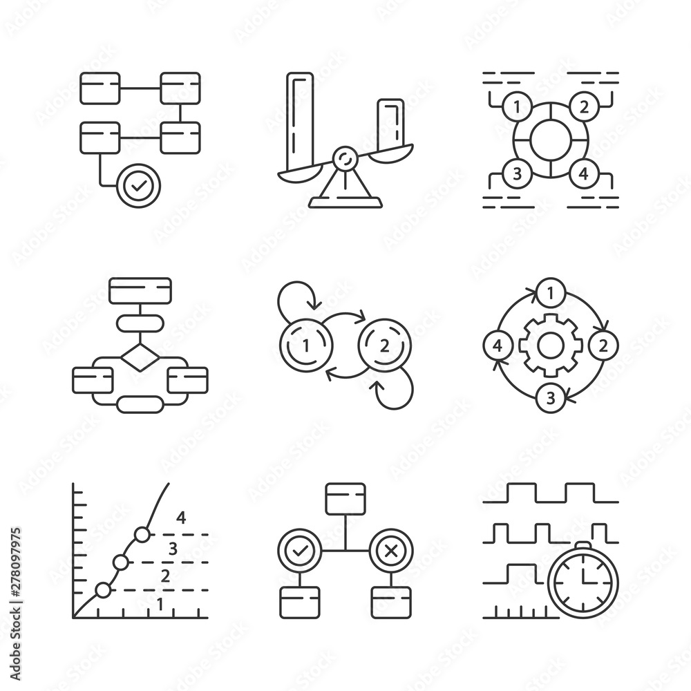 Diagram concepts linear icons set. Data and process flow visualization ...