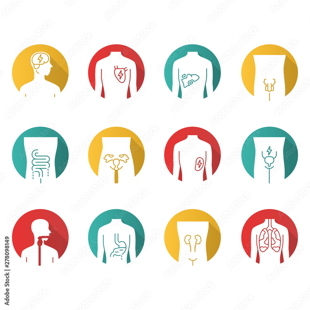 Ill human organs flat design long shadow glyph icons set. Sore heart ...