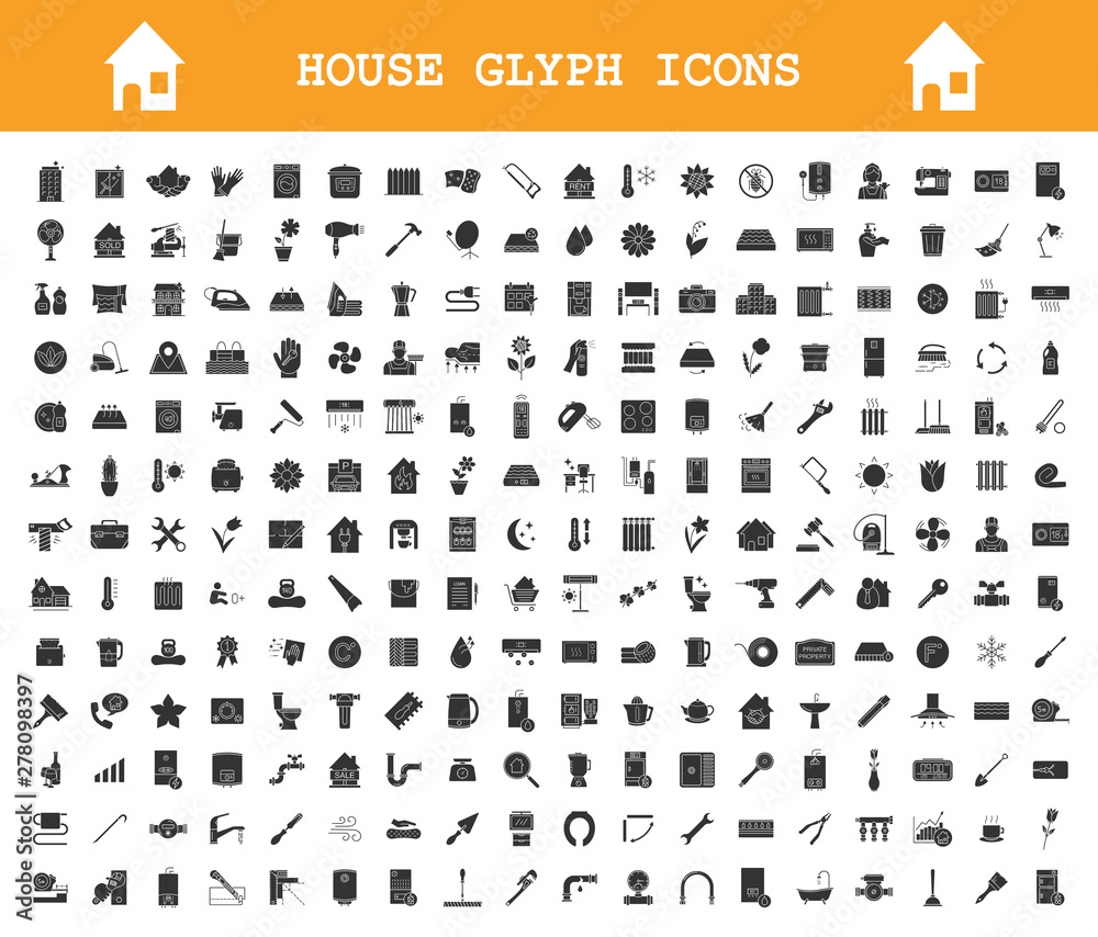 House glyph icons big set. Plumbing, construction tools. Cleaning ...
