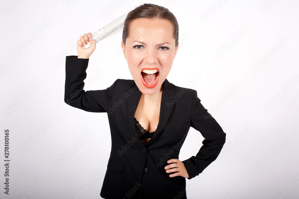 angry woman with big head holding a rolled up newspaper Stock Photo ...
