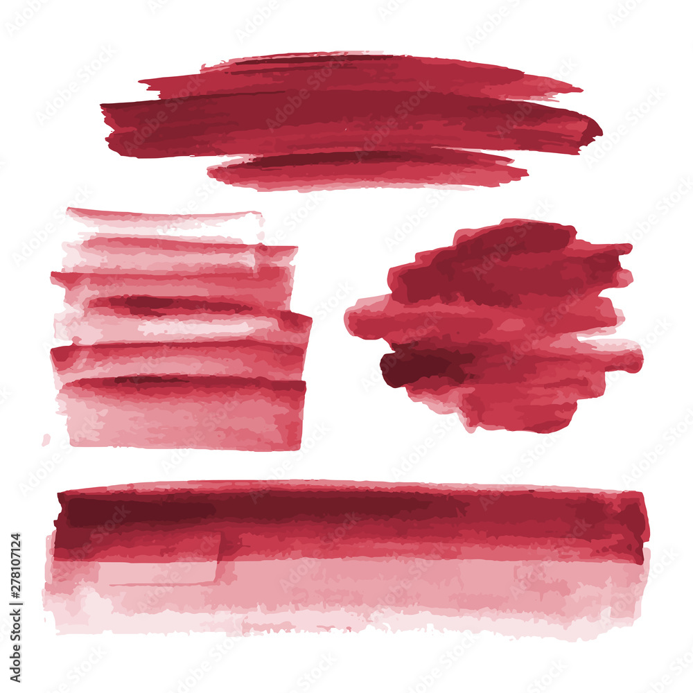 Red watercolor shapes, splotches, stains, paint brush strokes. Abstract ...