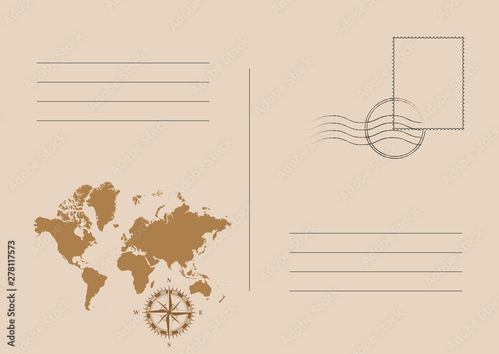 Vintage Vector Postcard with World Map and retro Compass. Postal card ...