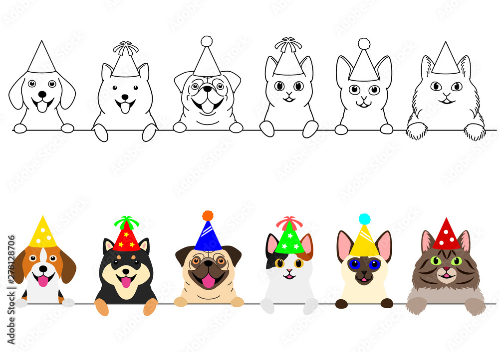smiling cats and dogs with party hat border set Stock Vector | Adobe Stock