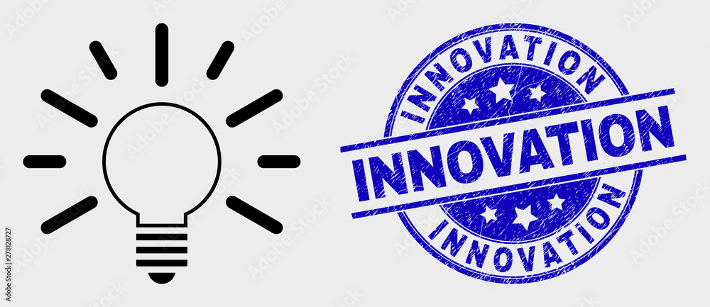 Vector contour bulb light pictogram and Innovation watermark. Blue ...