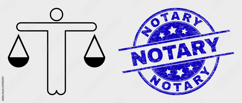 Vector outline judge pictogram and Notary seal stamp. Blue rounded ...