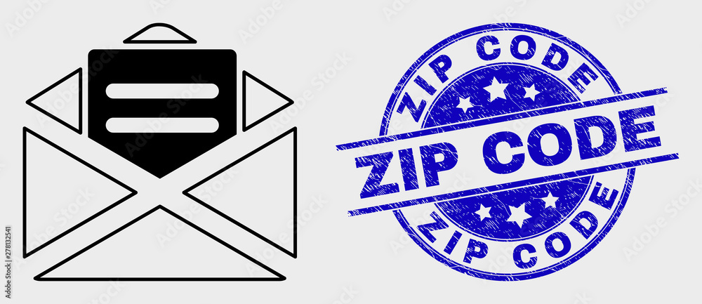 Vector line open mail pictogram and Zip Code seal stamp. Blue round ...