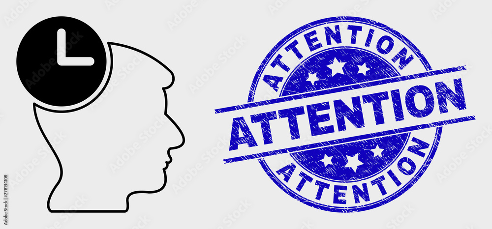 Vector contour head clock pictogram and Attention seal stamp. Blue ...