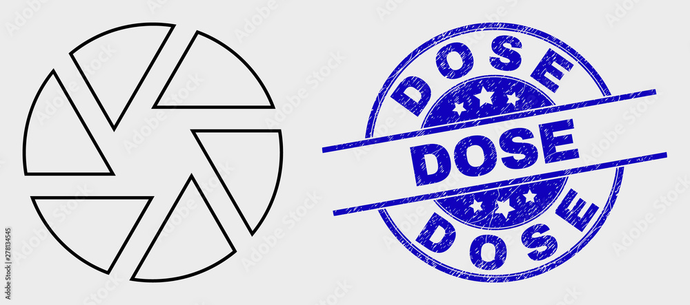 Vector stroke shutter icon and Dose watermark. Blue round scratched ...